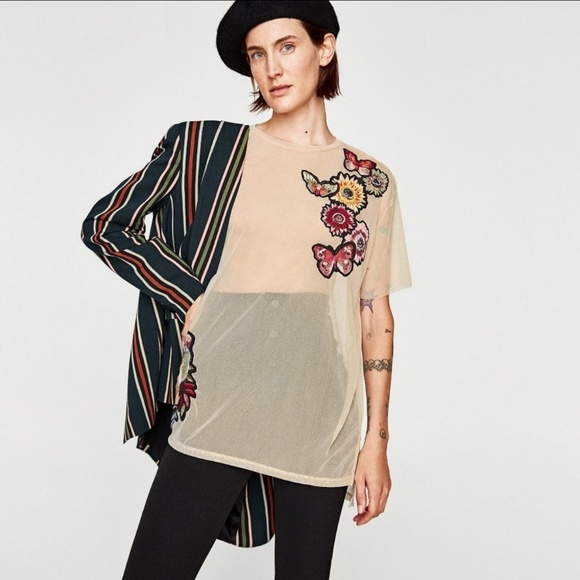 Zara | Tops | Zara Sheer Asymmetrical Embroidered Floral Shirt | Poshmark